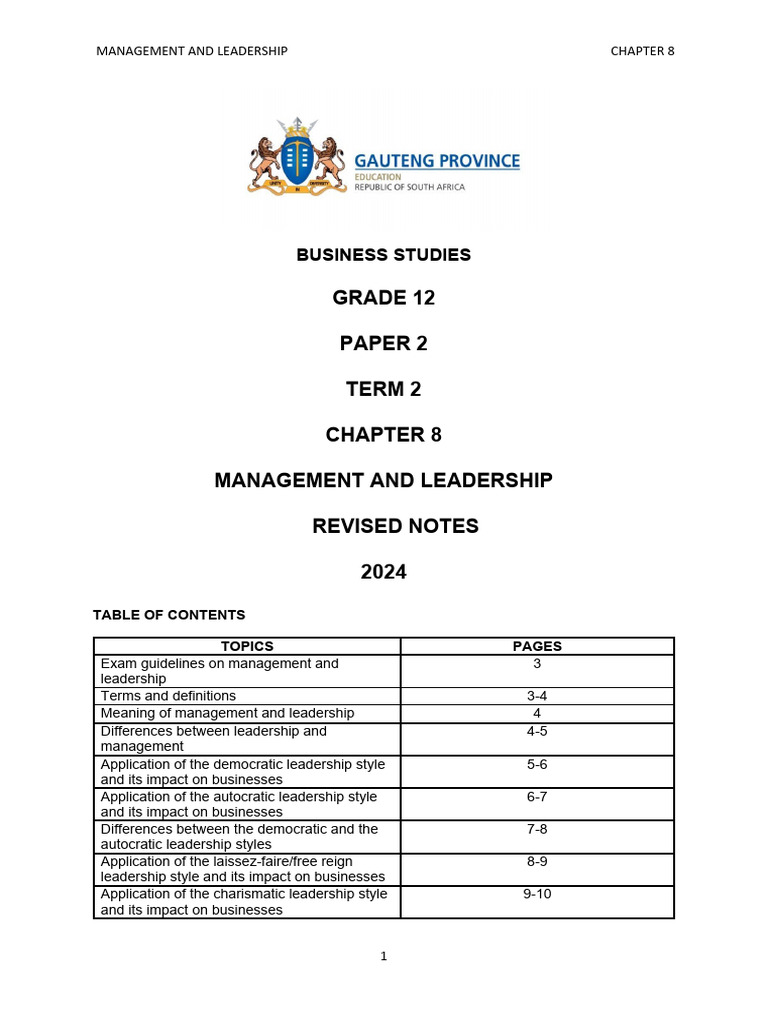 Teacher's Copy Revised Chapter 8 Grade 12 Notes Management and ...