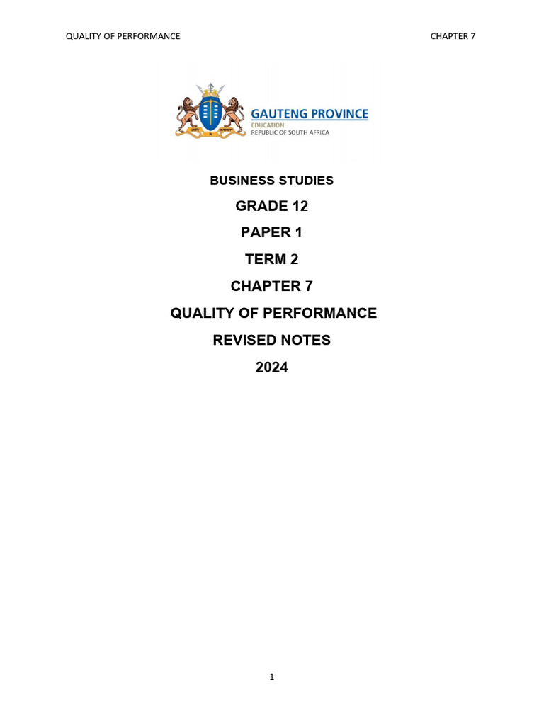 Grade 12 Quality Performance Notes | PDF | Quality (Business) | Quality ...