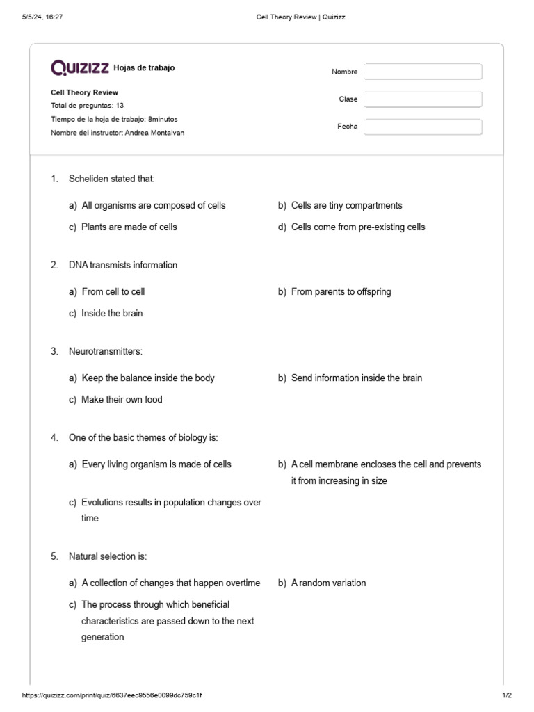 Cell Theory Review - Quizizz | PDF | Cell (Biology) | Biology
