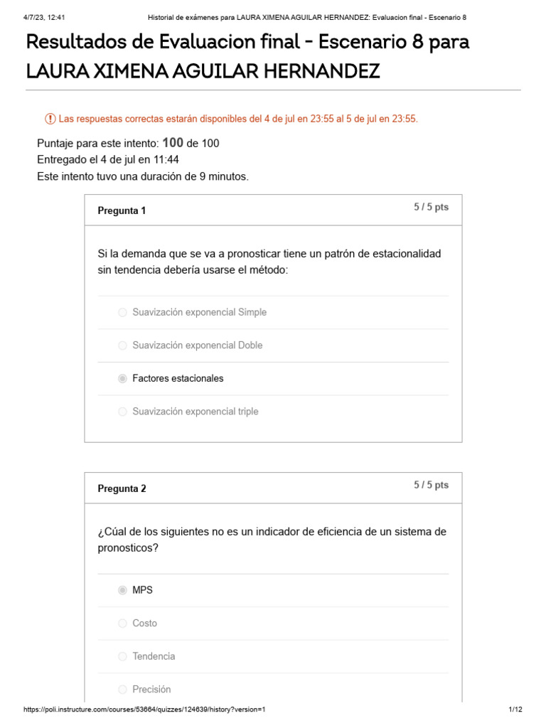 Historial de Exámenes para LAURA XIMENA AGUILAR HERNANDEZ - Evaluacion Final - Escenario 8 A ...