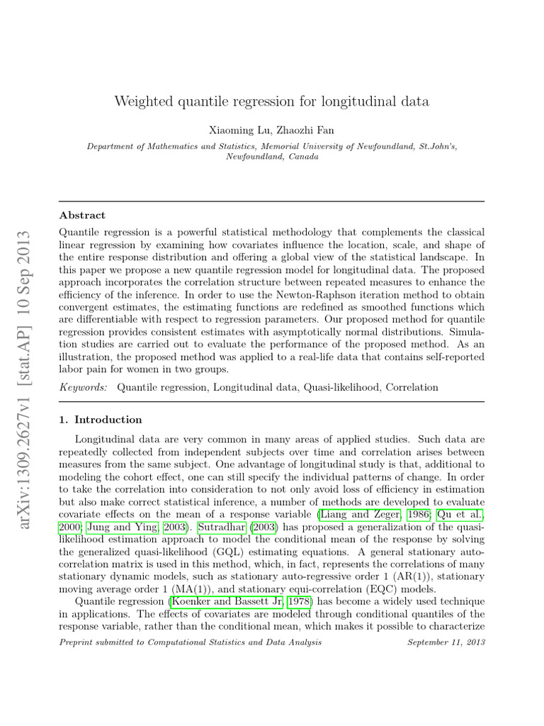 Weighted Quantile Regression For Longitudinal Data | PDF | Linear Regression | Regression Analysis