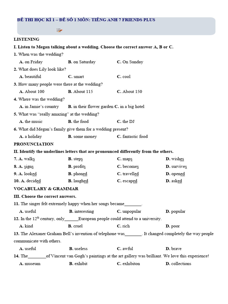 Đề Thi Học Kỳ 1 Tiếng Anh 7 | PDF | Animation | Photograph