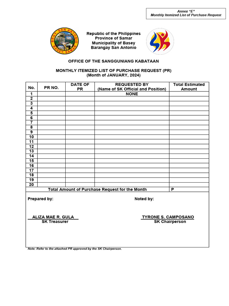 3.7 SK MC Annex e Monthly Itemized Purchase Request SKFPD Policy ...