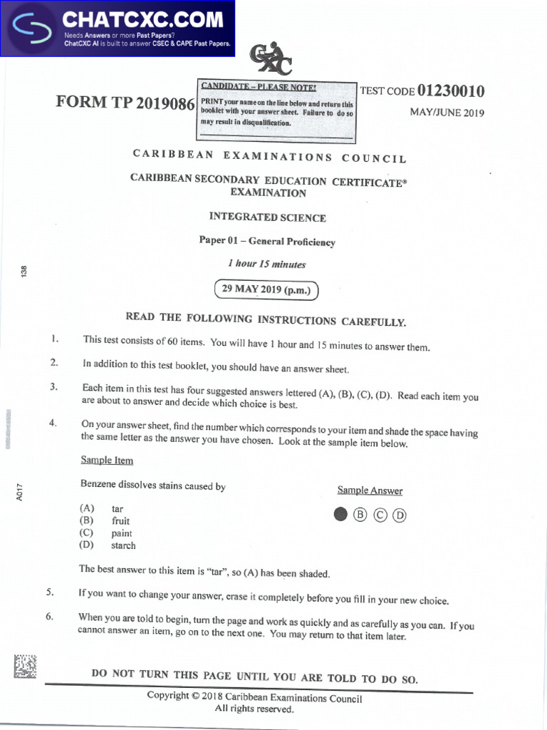 CSEC Intergrated Science P1 2019 | PDF