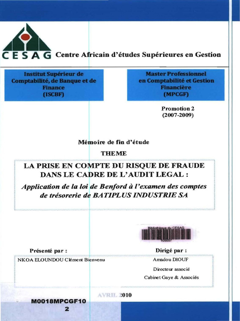 (MFE CESAG) Prise en Compte Du Risque de Fraude Dans Le Cadre de L - Audit Légal | PDF