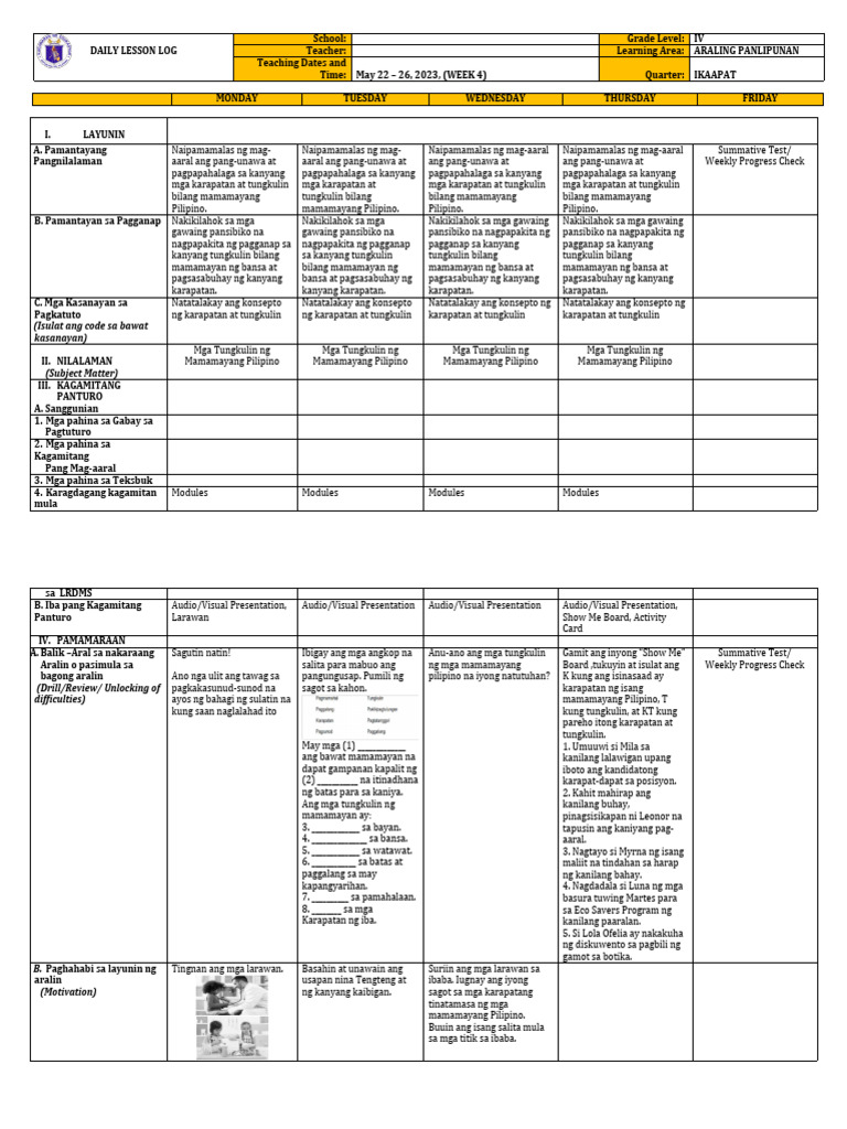 DLL - AP4 - Q4 - W4 - Natatalakay Ang Konsepto NG Karapatan o Tungkulin | PDF