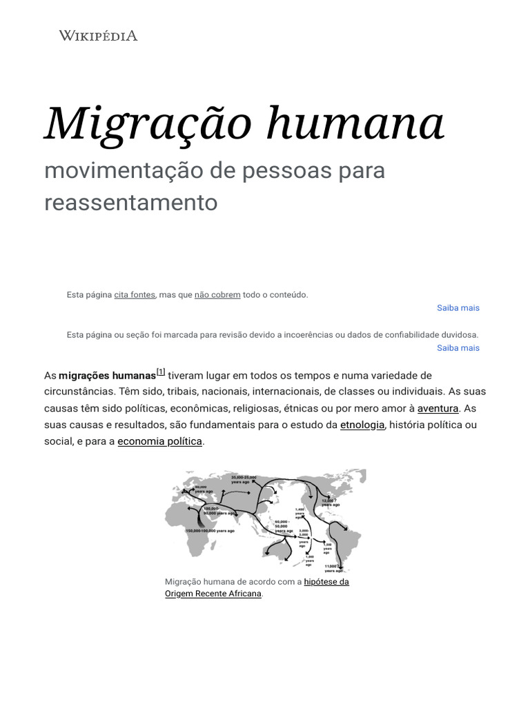 Migração Humana - Wikipédia, A Enciclopédia Livre | PDF | Migração humana