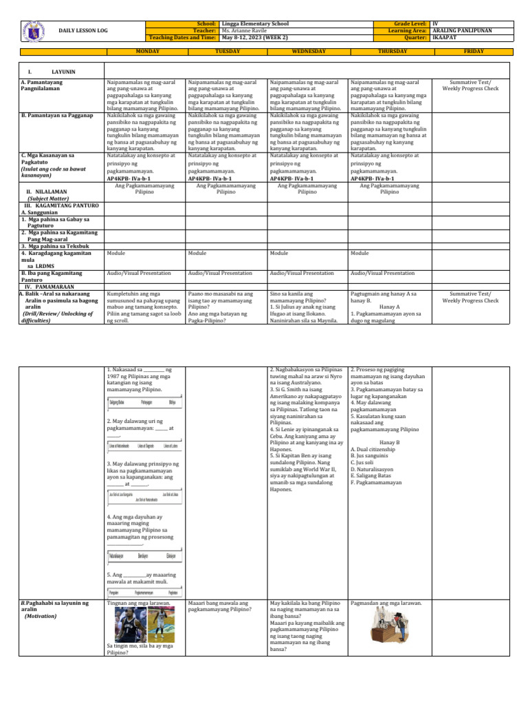 DLL - AP4 - Q4 - W2 - Natatalakay Ang Konsepto at Prinsipiyo NG Pagkamamamayan | PDF