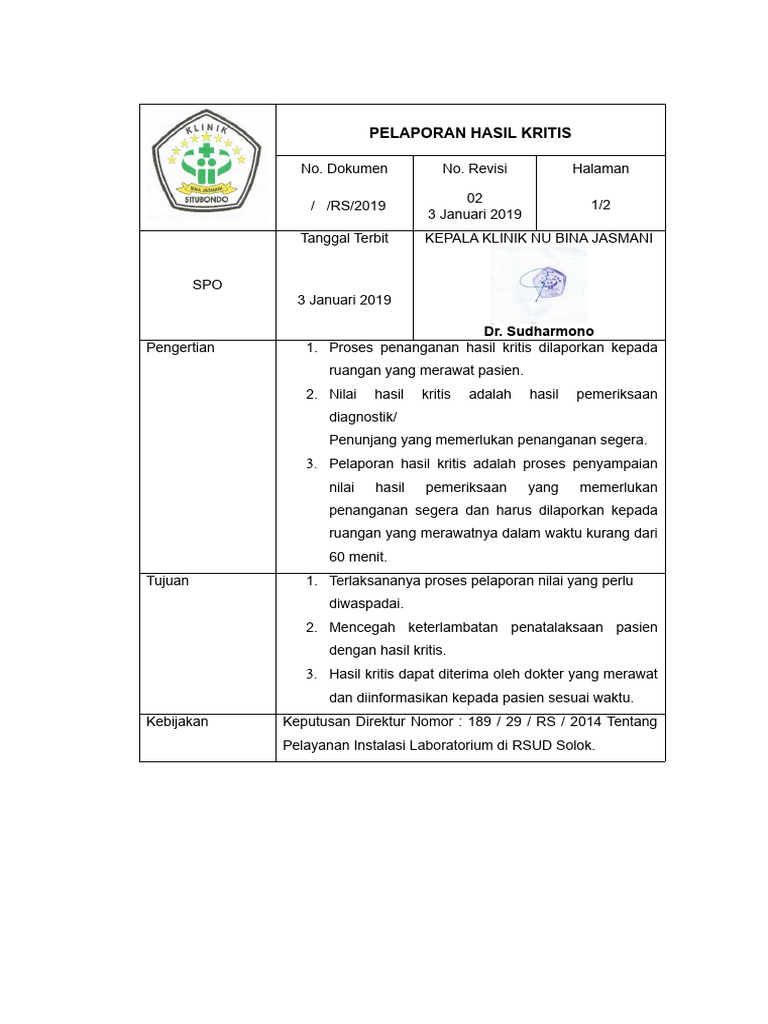 Prosedur Pelaporan Hasil Kritis Laboratorium | PDF