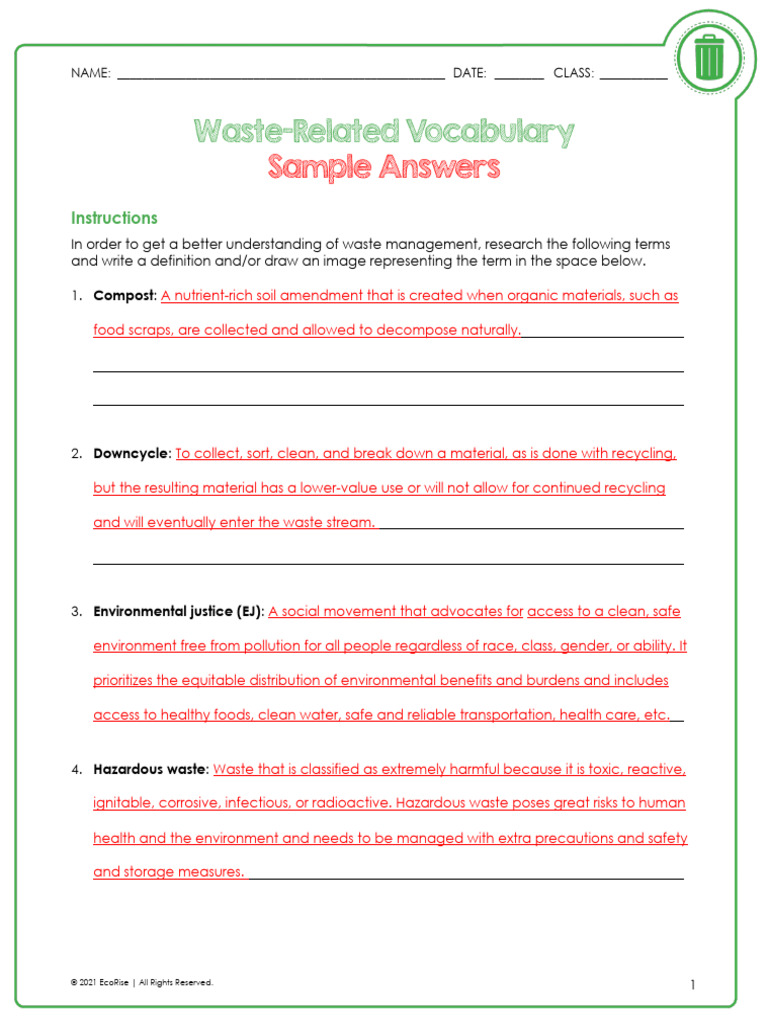 RR - M1 - Waste Related Vocabulary Worksheet Sample Answers | PDF ...