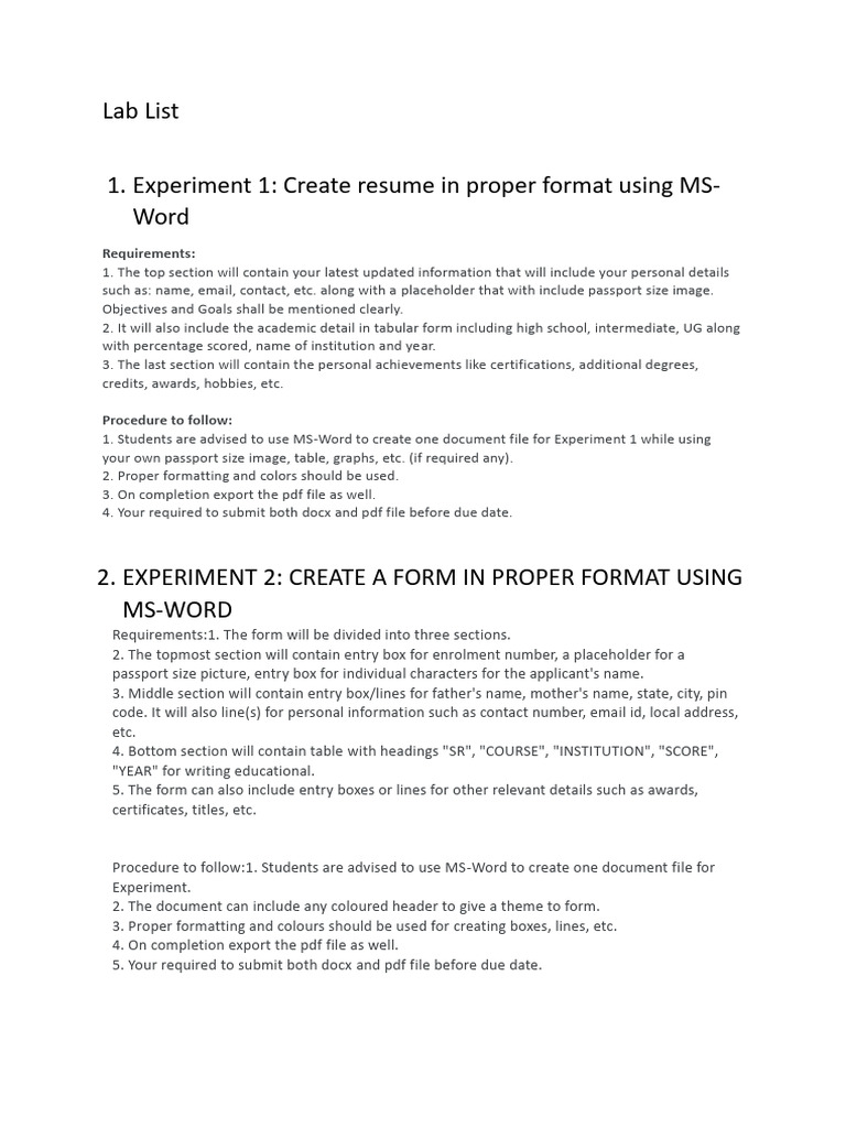 Lab List on Microsoft word and excel | PDF | Microsoft Excel ...