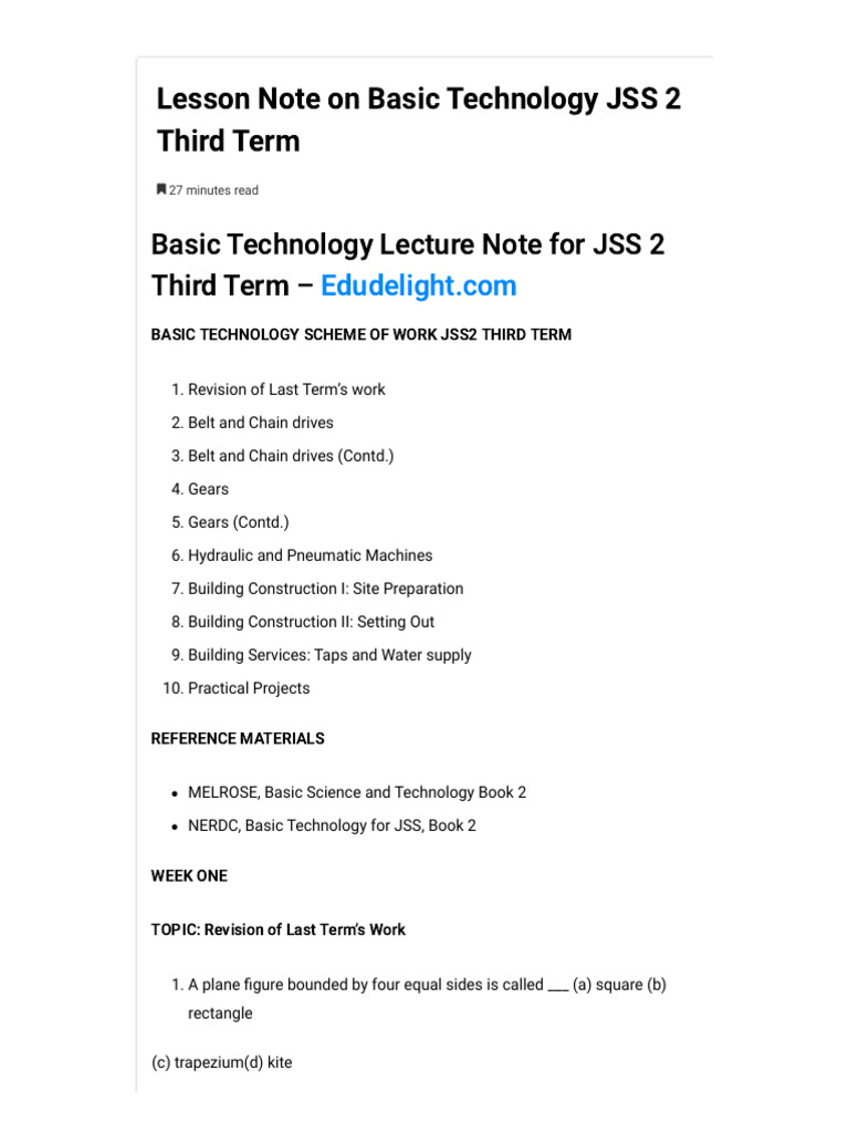 Lesson Note On Basic Technology JSS 2 Third Term | PDF | Belt (Mechanical) | Gear