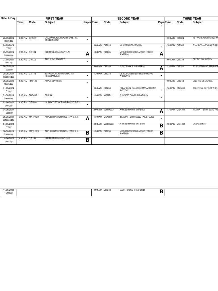 Date Sheet (2024) | PDF | Computer Science | Computing