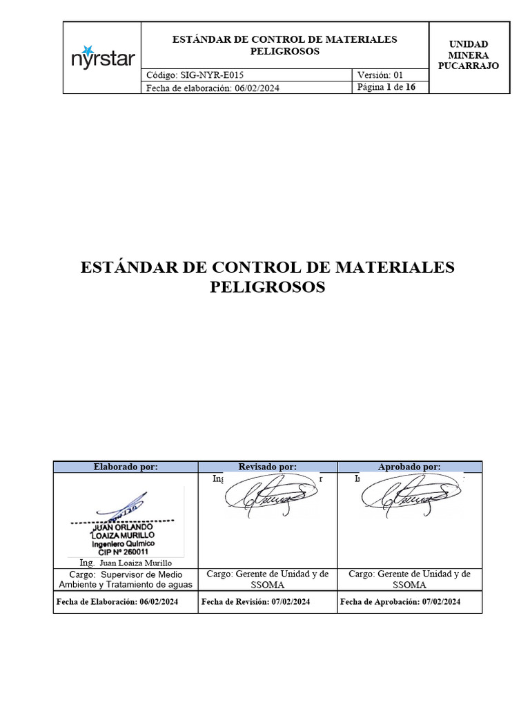 SIG-NYR- E015 ESTANDAR CONTROL DE MATERIALES PELIGROSOS | PDF ...