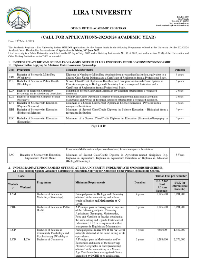 Lira University Diploma Courses & Fees 2023 | PDF | Academic Degree ...