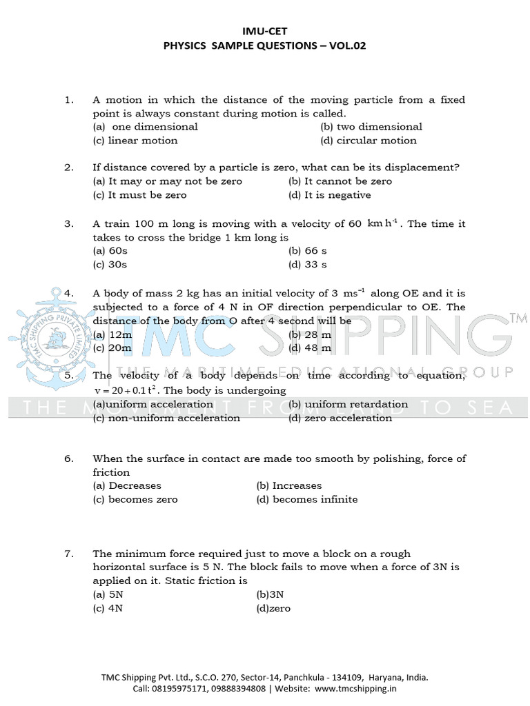Physics IMU CET Sample Questions 05 | PDF | Force | Momentum