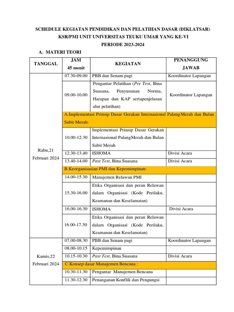 Schedul Acara Diklatsar KSR Pmi Unit Utu 2024 Vi | PDF