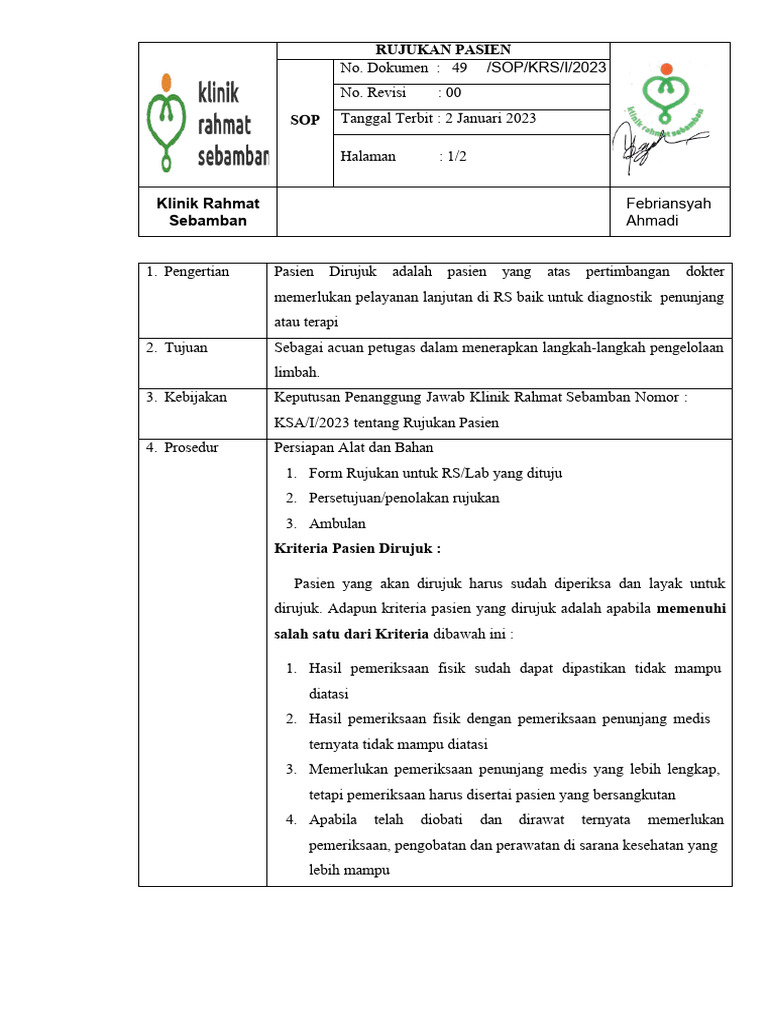 SOP Rujukan Pasien Klinik Rahmat | PDF | Sains & Matematika