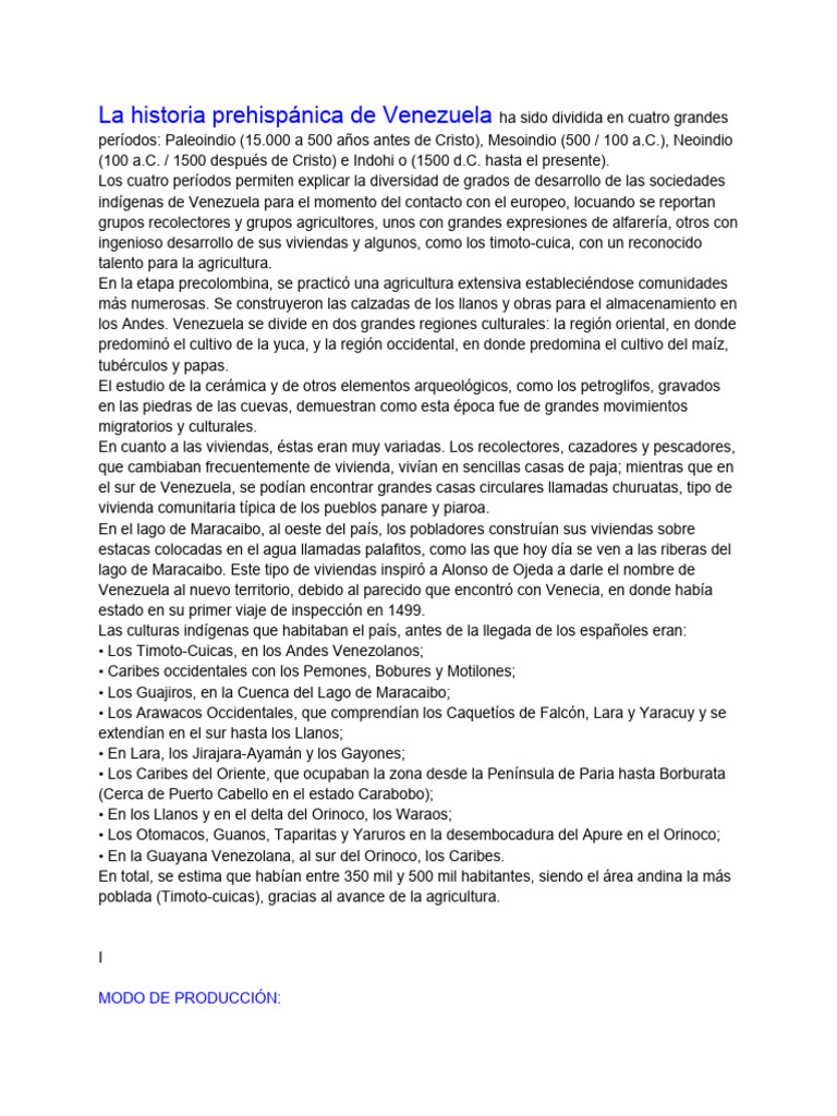 La Historia Prehispánica de Venezuela Ha Sido Dividida en Cuatro ...