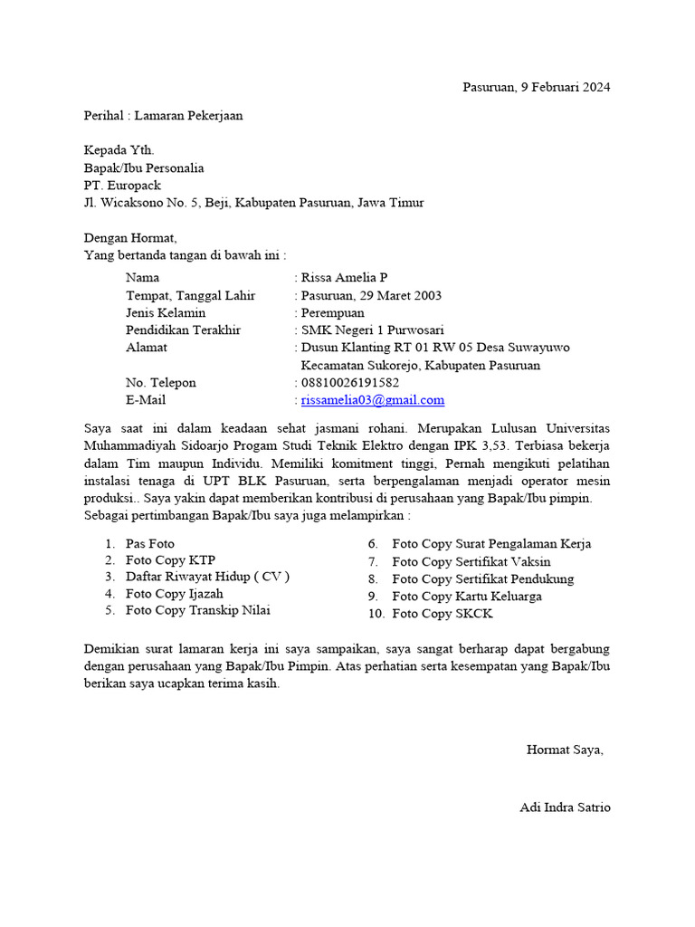 Adi Indra Satrio_Lamaran Kerja PT. Europack 21 | PDF Adi Indra Satrio_Lamaran Kerja PT. Europack 21 | PDF