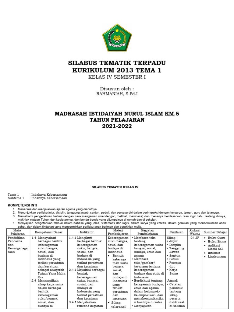 Silabus Tema 1 Kelas 4 | PDF