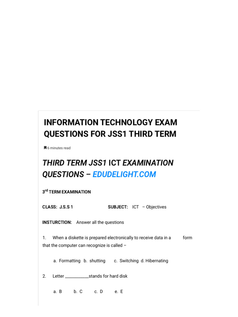 Information Technology Exam Questions For JSS1 Third | PDF | Input ...