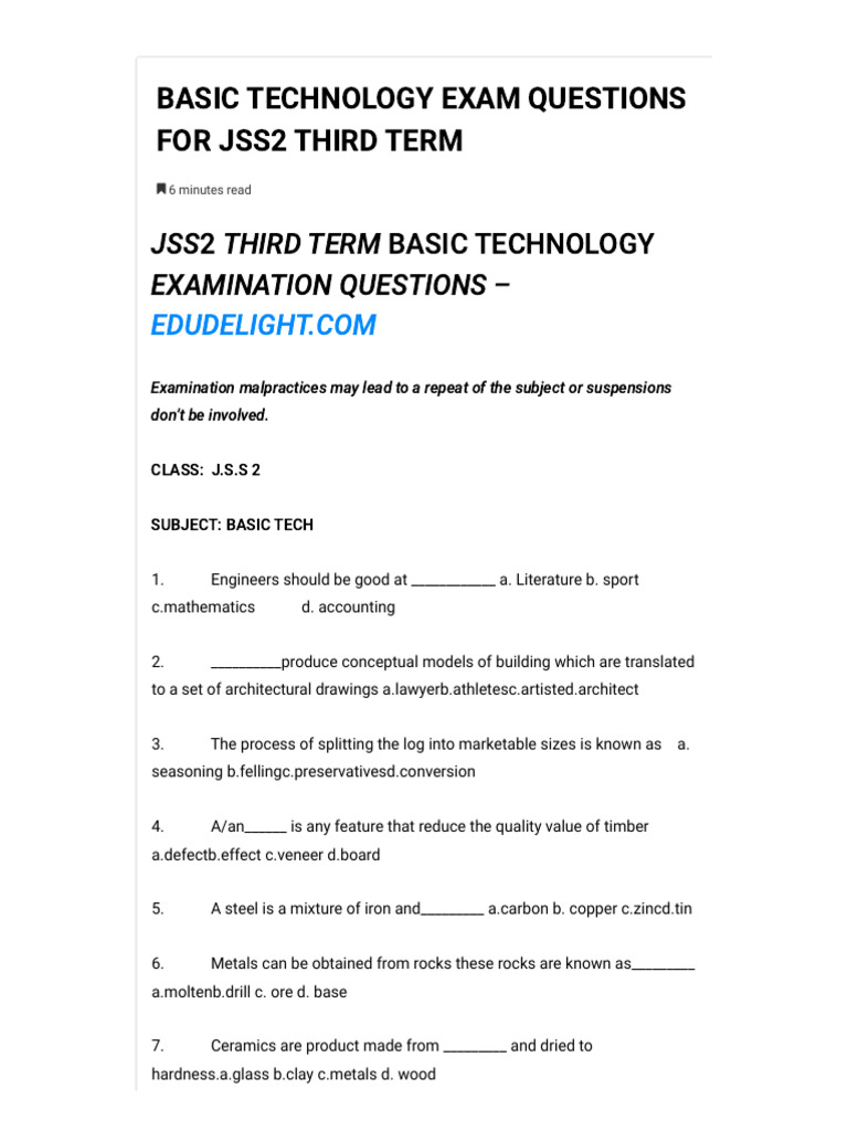 JSS2 Basic Tech Exam Questions | PDF | Rectangle | Triangle