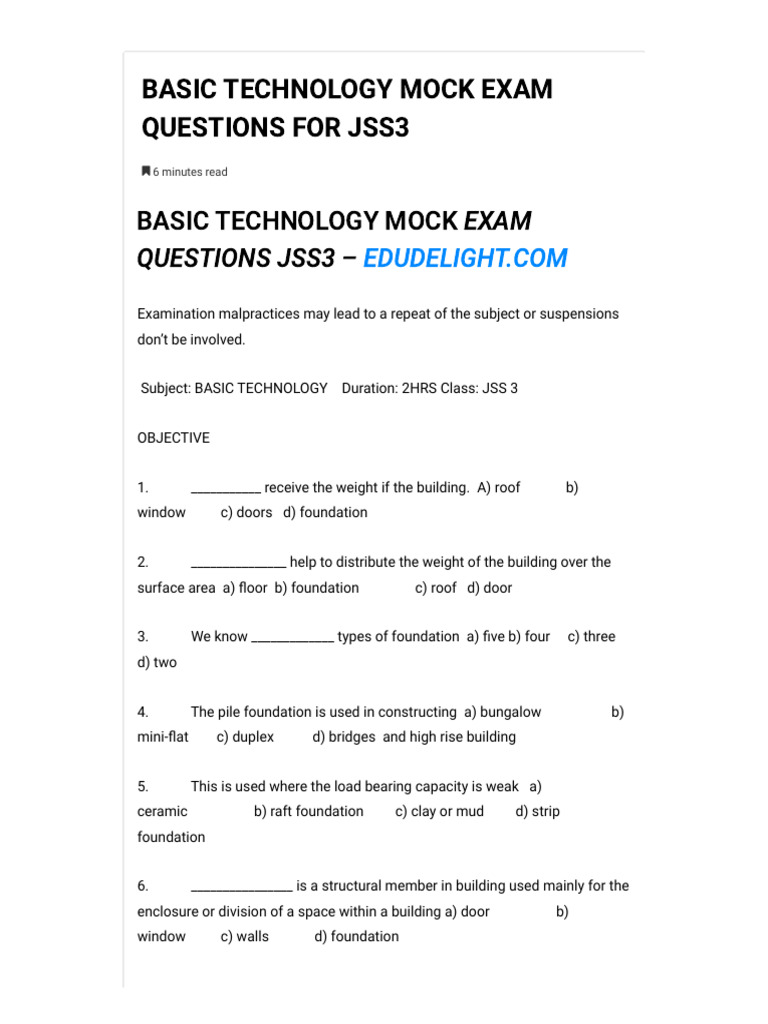 JSS3 Basic Technology Mock Exam Questions | PDF | Electrical Wiring | Wood
