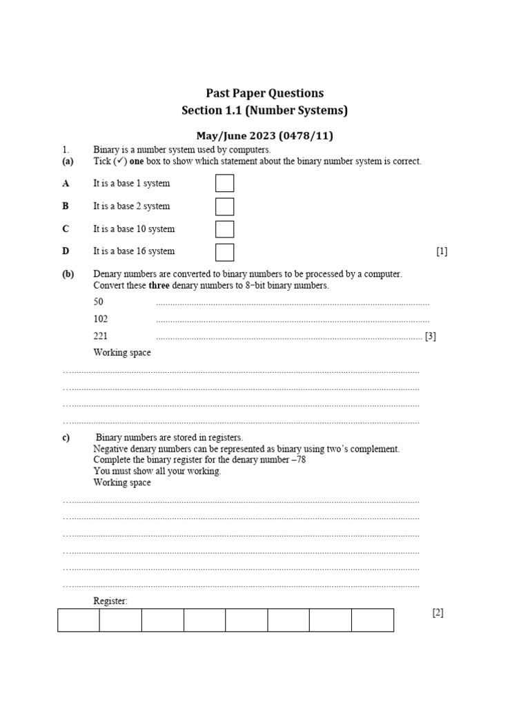 Binary Number System Past Paper Questions | PDF | Bit | Decimal