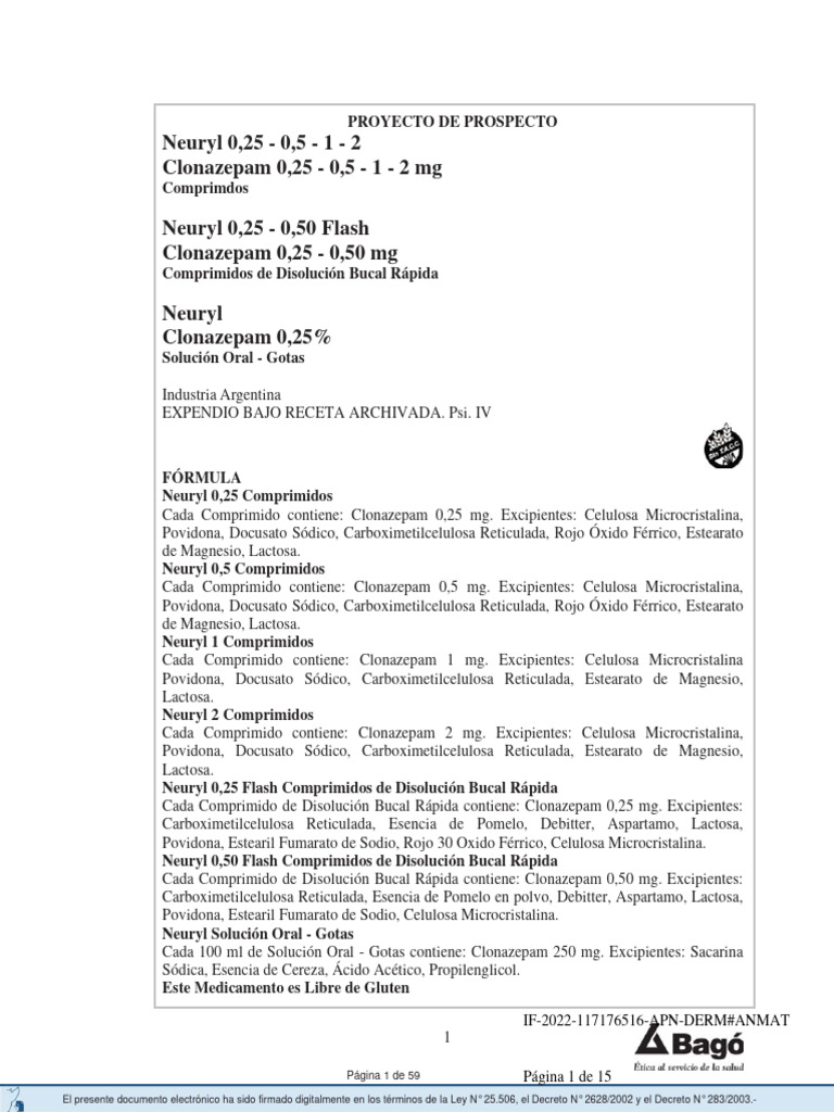 Prospecto de Neuryl: Clonazepam 0.25-2 mg | PDF | Benzodiazepinas ...