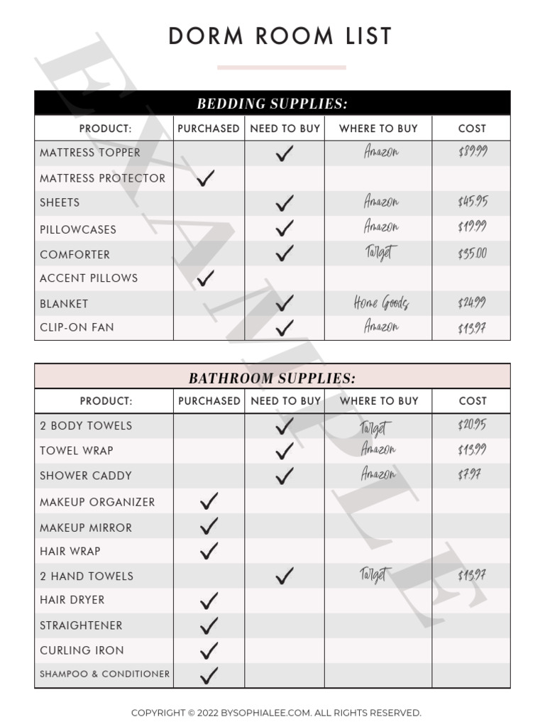 Dorm Organizer Sheet | PDF | Bedding | Cosmetics