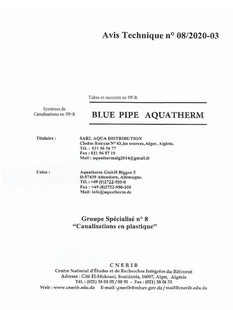 Avis-Technique-CNERIB-BLUE-PIPE-AQUATHERM | PDF
