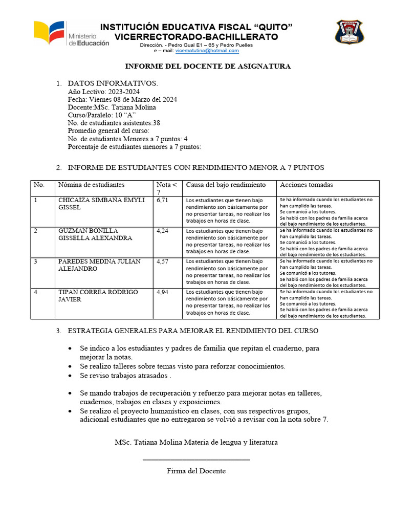 Informe Docente de Asignatura 2023 | PDF