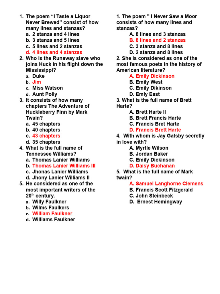 Literature Quiz: Poets and Authors | PDF | Huckleberry Finn | American ...