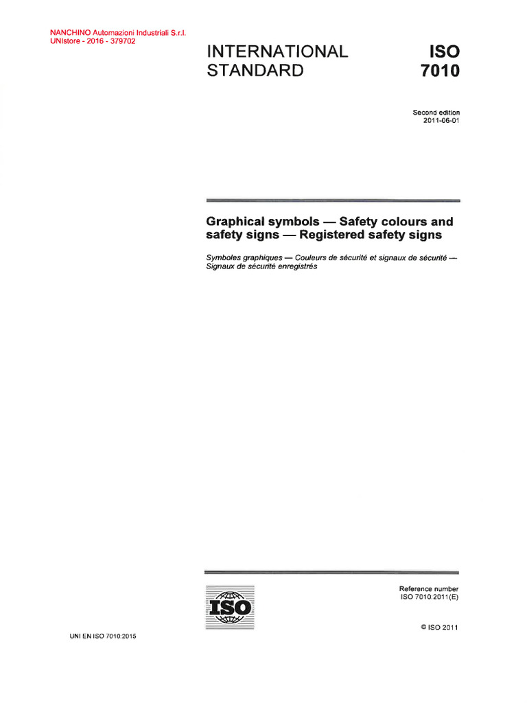 UNI EN ISO 7010 - Segni Grafici, Colori e Segnali Di Sicurezza, Segnali ...