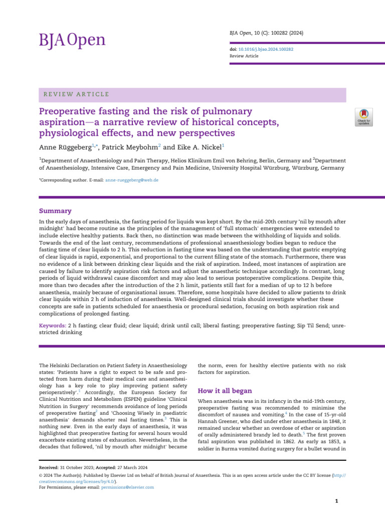 Preoperative Fasting and The Risk of Pulmonary Aspirationda Narrative ...