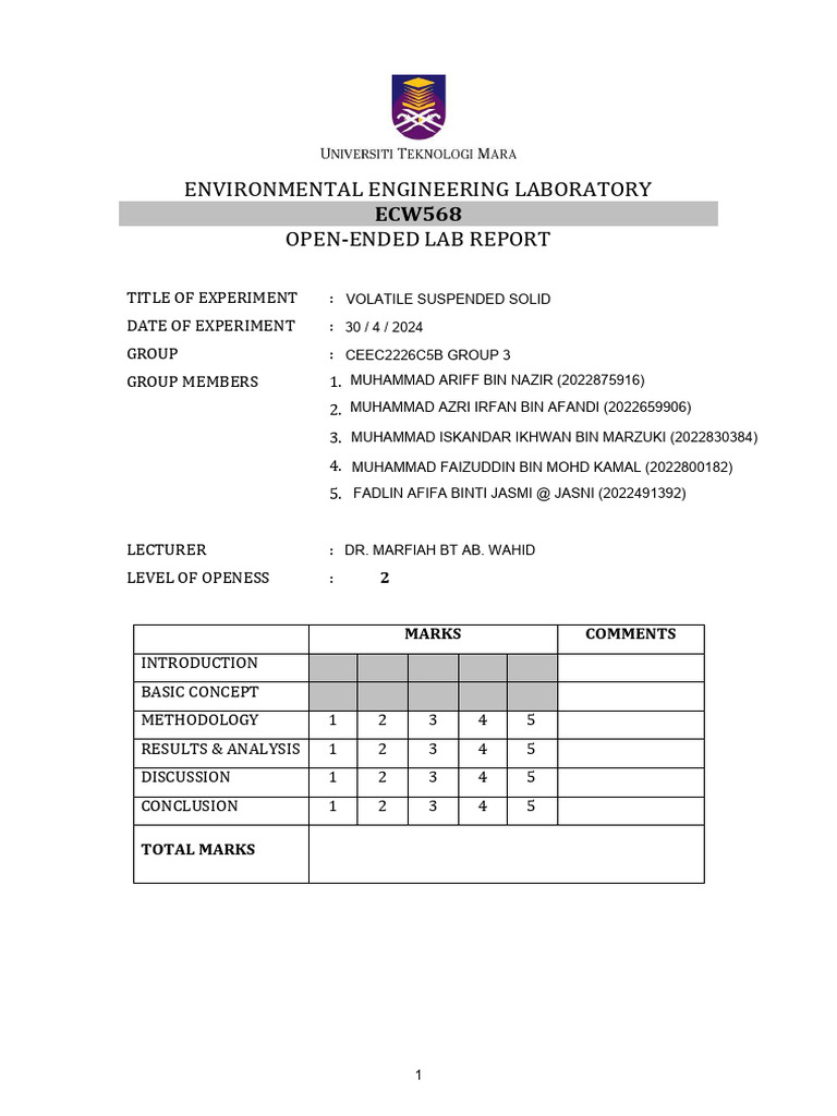 Volatile Suspended Solid Experiment Report | PDF