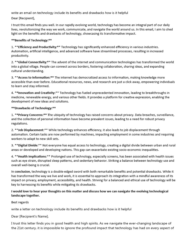write an email on technology include its benefits and drawbacks how is ... write an email on technology include its benefits and drawbacks how is ...