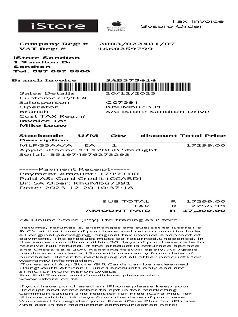 iStore Sandton Tax Invoice for iPhone 13 | PDF | Finance & Money ...