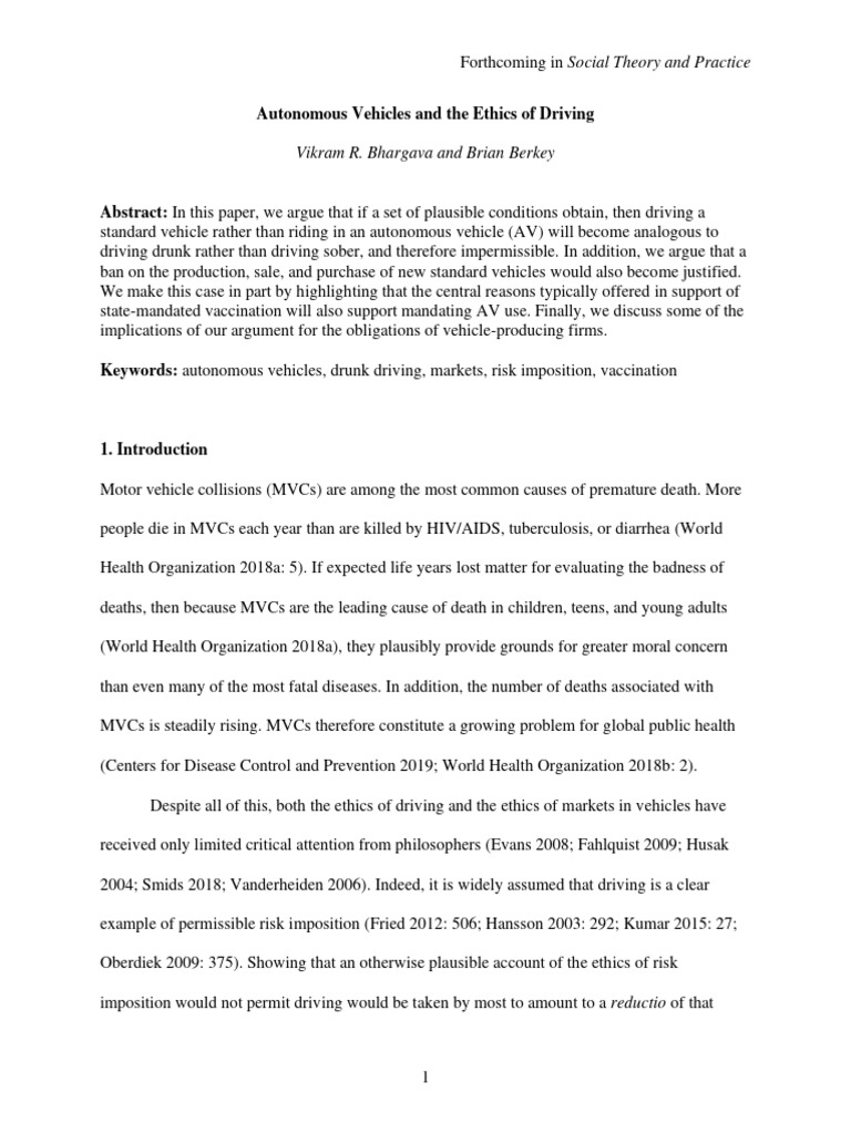 Ethics of Autonomous Vehicle Use | PDF | Risk | Reason