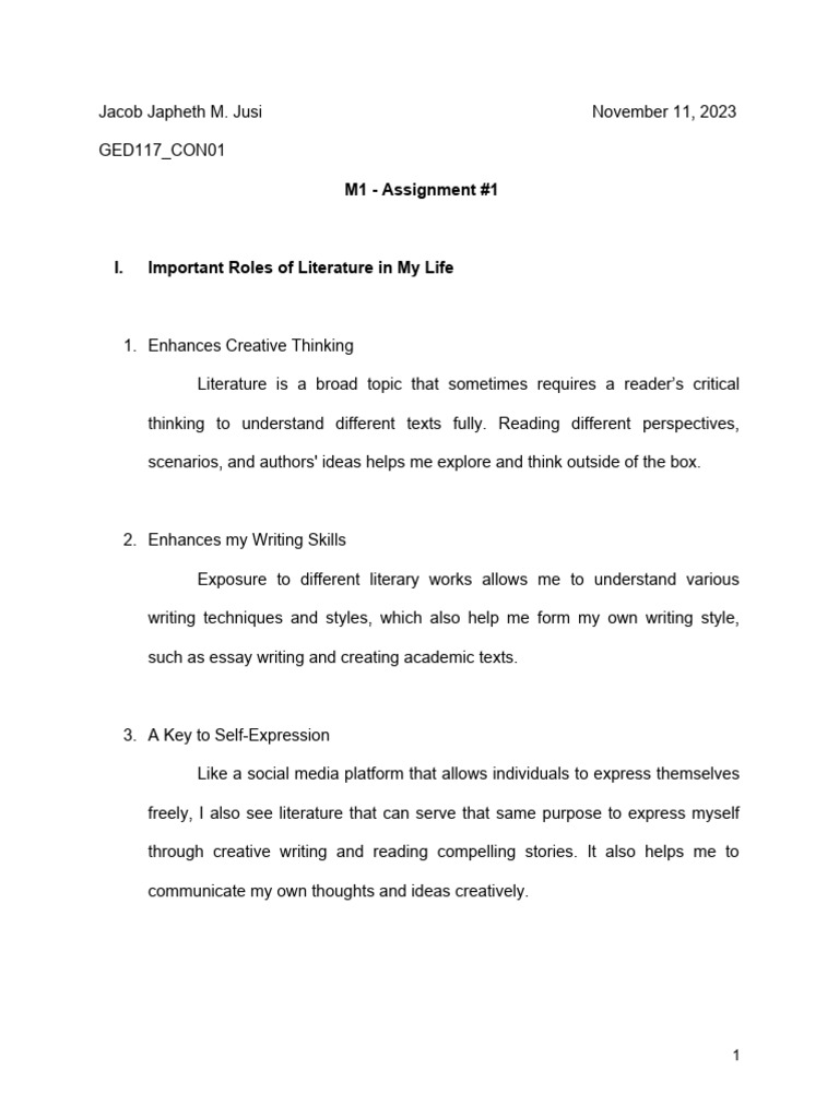 JacobJusi - M1 Assignment 1 (GED117) | PDF | Thought | Narrative