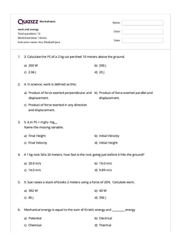 Work and Energy - Quizizz | PDF | Force | Kinetic Energy