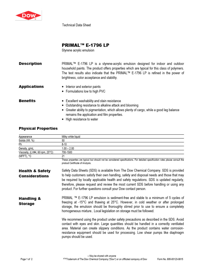895 00123 01 Primal E1796 LP Tds | PDF | Paint | Dow Chemical Company