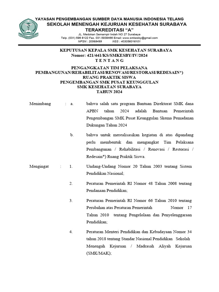 Format SK Tim SMK PK 2024 - Fisik | PDF