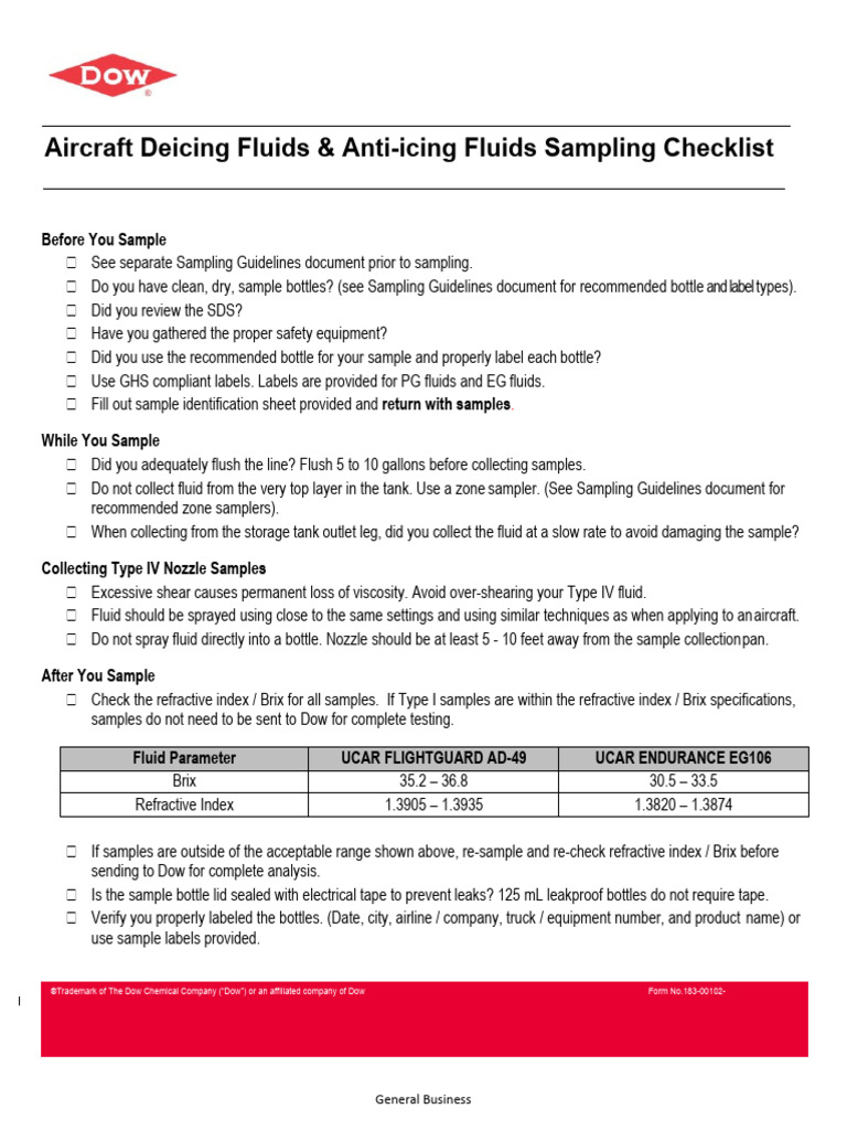 183 00102 01 Aircraft Deicing Fluidsantiicing Fluids Sampling Checklist ...