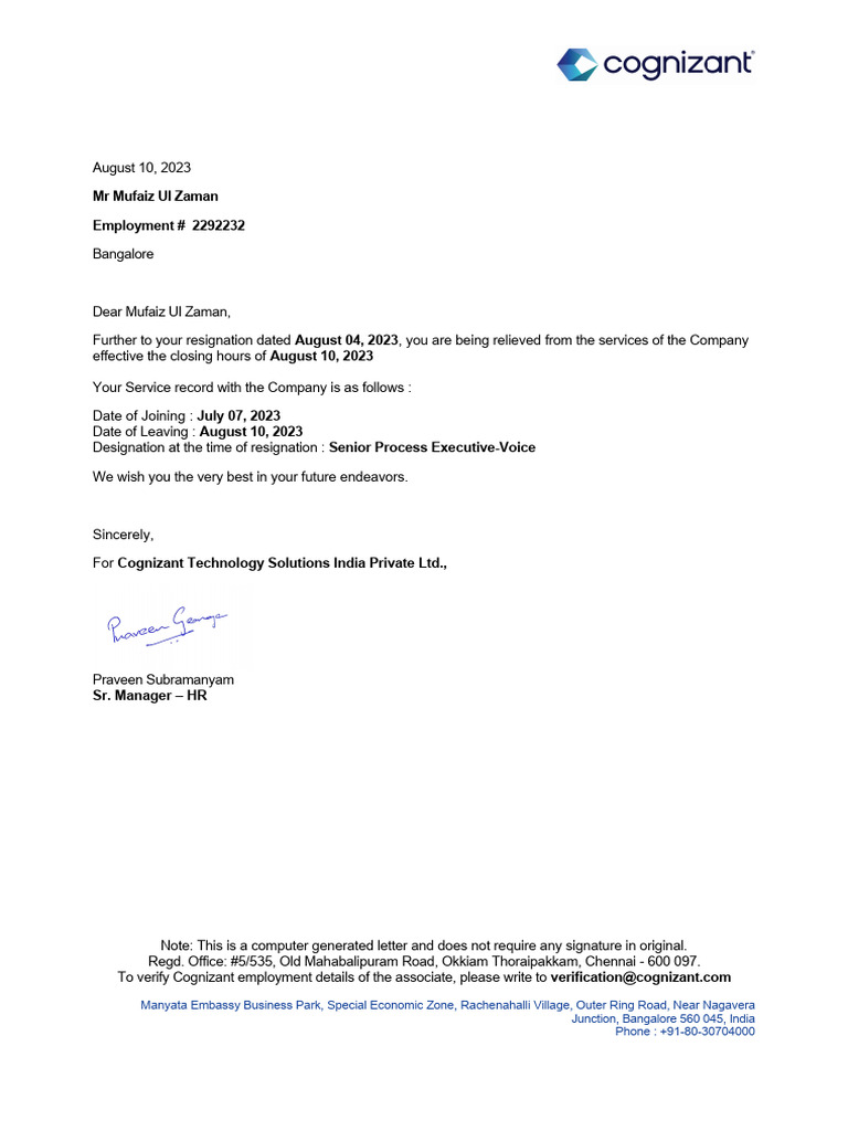 Resignation Confirmation Letter for Mufaiz | PDF