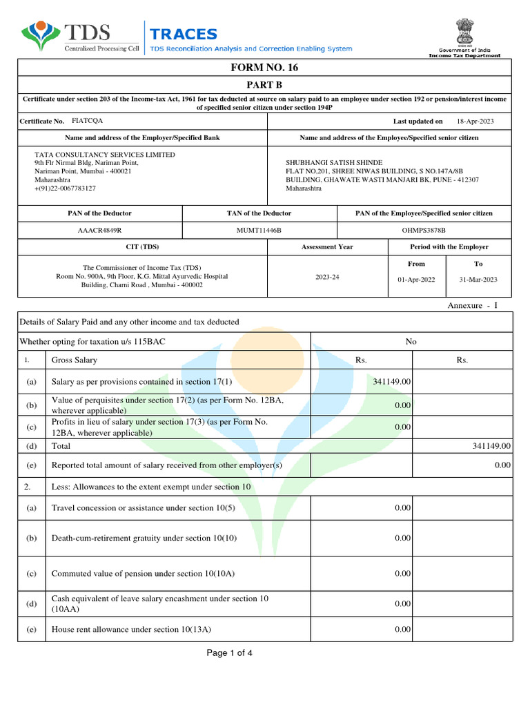 Form 16 - It Dept Part B | PDF | Tax Deduction | Pension