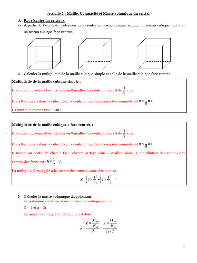 Masse Volumique et Compacité des Mailles | PDF | Structure cristalline ...