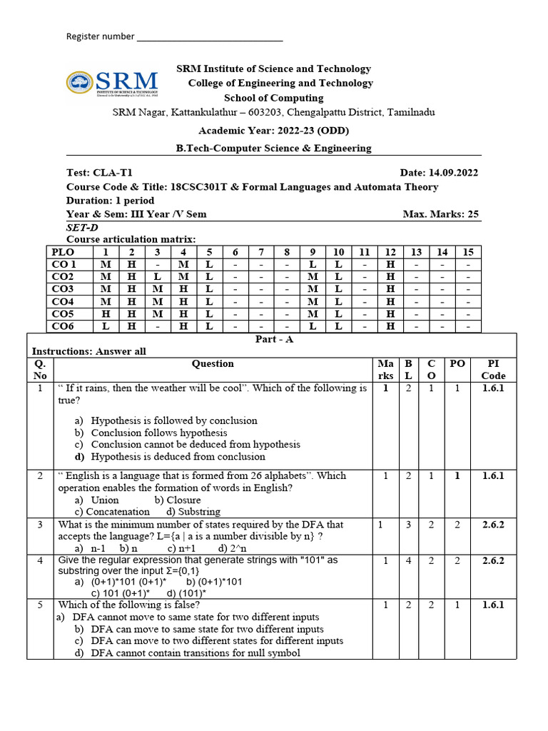 CT1 101931 18CSC301T SetD QP | PDF | String (Computer Science) | Theoretical Computer Science