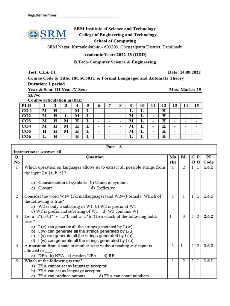 CT1 101931 18CSC301T SetC QP | PDF | Theory Of Computation | Computer Science